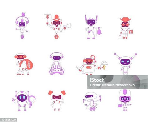 로봇 빨간색과 보라색 선형 객체 세트 나쁜 좋은 봇 얇은 라인 기호 팩 정보 도용 개인 지원 소프트웨어 흰색 배경에 절연 개요 일러스트 아바타에 대한 스톡 벡터 아트 및