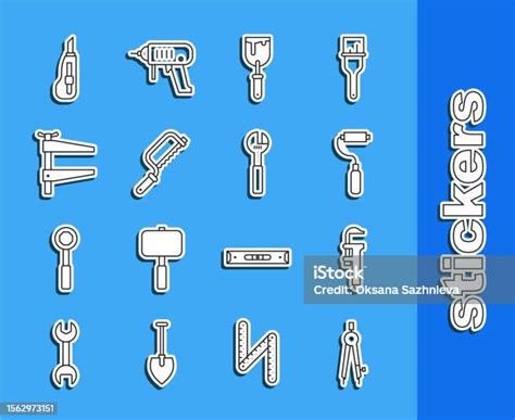 선 그리기 나침반 캘리퍼 또는 캘리퍼 및 스케일 페인트 롤러 브러시 퍼티 나이프 쇠톱 클램프 도구 문구 및 조정 가능한 렌치 아이콘을 설정합니다 벡터 건설 산업에 대한 스톡