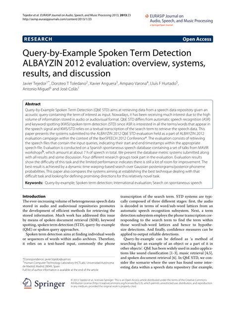 pdf query by example spoken term detection albayzin 2012 evaluation