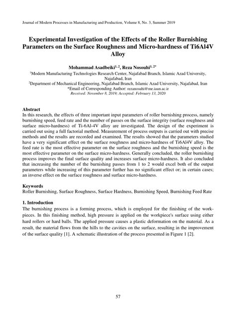 Pdf Experimental Investigation Of The Effects Of The Roller Burnishing Parameters On The
