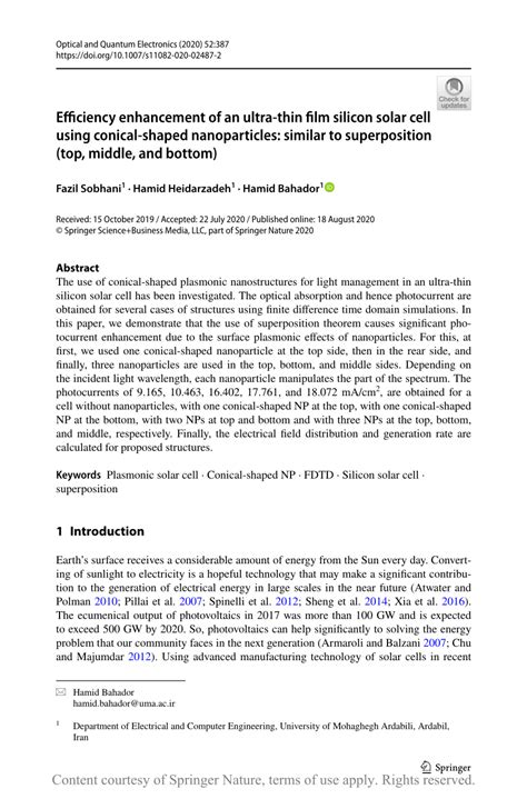 Efficiency Enhancement Of An Ultra Thin Film Silicon Solar Cell Using Conical Shaped