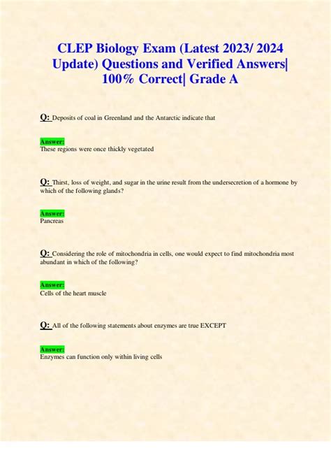 Clep Biology Exam Latest 2023 2024 Update Questions And Verified Answers 100 Correct Grade