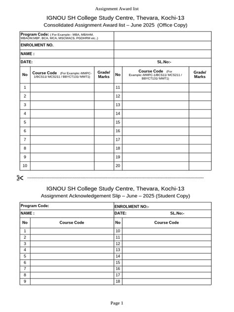Ignou Assignment Slip Consolidated Award List And Acknowledgement Slip June 2025 Pdf