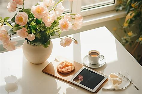 노트북 태블릿과 커피가 있는 테이블 감수성 높은 해상도 꽃 배경 일러스트 및 사진 무료 다운로드 Pngtree