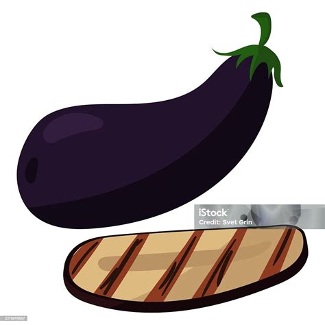 가지를 통째로 통째로 굽고 튀긴 가지 한 조각을 얹어 밝은 보라색 색조와 육즙이 풍부한 질감을 보여줍니다 요리 그래픽 조리법이 담긴 엽서 건강한 라이프스타일에 이상적입니다