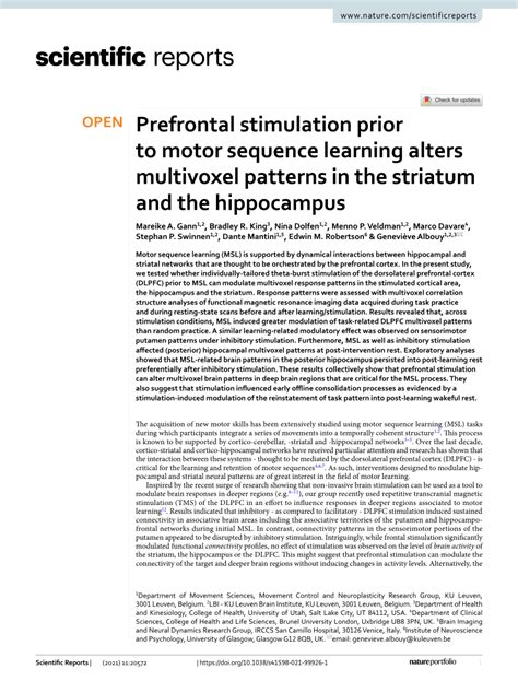 Pdf Prefrontal Stimulation Prior To Motor Sequence Learning Alters Multivoxel Patterns In The