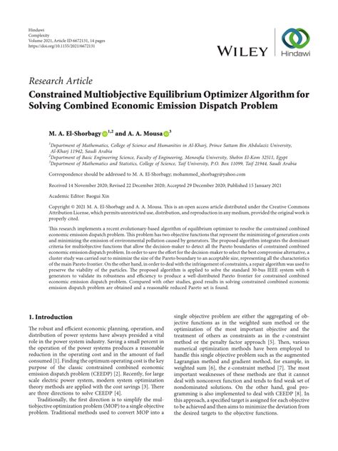 Pdf Constrained Multiobjective Equilibrium Optimizer Algorithm For Solving Combined Economic