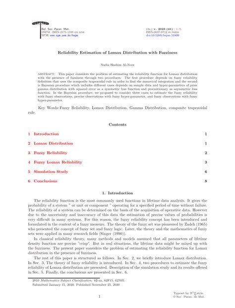 Pdf Reliability Estimation Of Lomax Distribution With Fuzziness