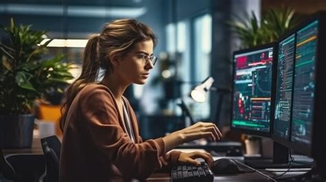 Premium Ai Image Female Software Engineer Writes Code On Desktop