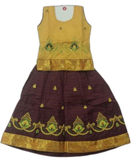 Embroidered Yellow And Brown Angel Pattu Pavadai Set Size Small At