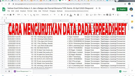 Cara Mengurutkan Data Di Spreadsheet Youtube