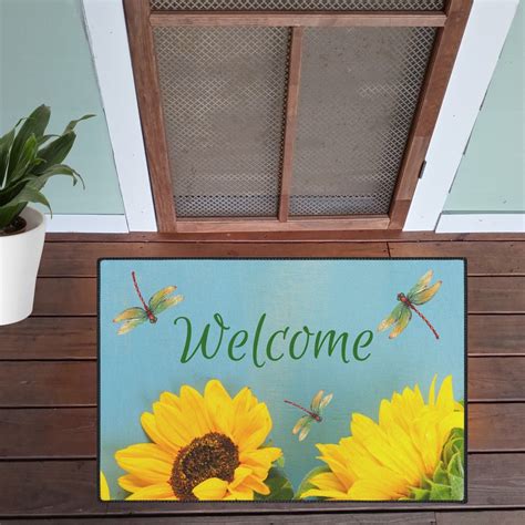 Dragonflies And Sunflowers Welcome Mat Dragonfly Floral Rug With