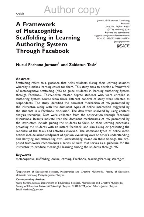 pdf a framework of metacognitive scaffolding in learning authoring