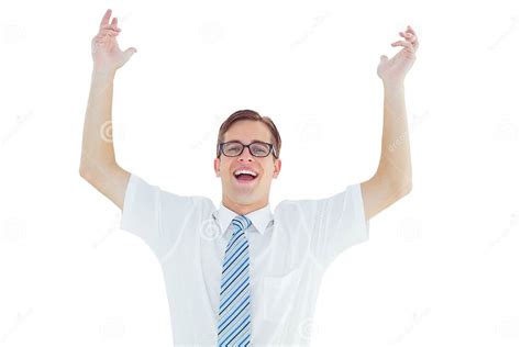 Geeky Happy Businessman With Arms Up Stock Image Image Of Smiling