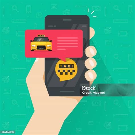 휴대 전화 벡터 일러스트 레이 션 평면 만화 스타일 스마트폰 택시 택시를 사용 하 여 온라인 서비스 택시 및 포인터를 손에 핀 It 지원에 대한 스톡 벡터 아트 및 기타
