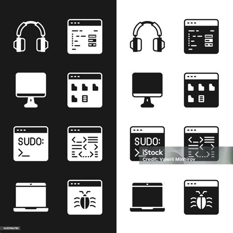 브라우저 파일 컴퓨터 모니터 화면 헤드폰 소프트웨어 코드 터미널 시스템 버그 및 노트북 아이콘을 설정합니다 벡터 개발에 대한