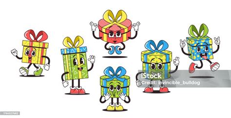 복고풍 그루비 스타일 선물 상자 만화 캐릭터 활기차고 펑키한 아이콘과 함께 향수 여행을 떠나보세요 1950 1959 년에 대한 스톡 벡터 아트 및 기타 이미지 Istock