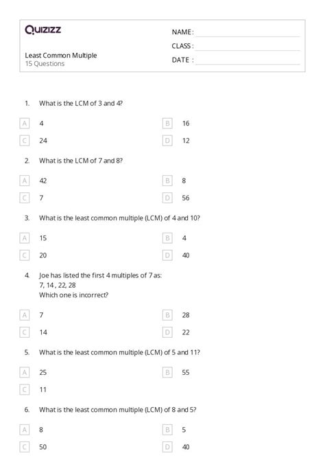 Least Common Multiple Worksheets For Th Grade On Quizizz Free