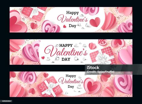 발렌타인 데이 배너 현실적인 로맨틱 초대 장 또는 인사말 카드 종이 컷 하트와 다이아몬드 선물용 색종이와 상자 축하 텍스트 벡터 세트포스터 2월에 대한 스톡 벡터 아트 및
