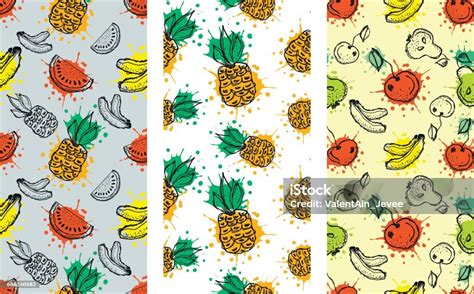원활한 벡터 패턴의 집합입니다 손으로 그린 화려한 체리 사과 배 수 박 석류 바나나 베리 스플래시와 드롭 선 그리기 딸기의 과일