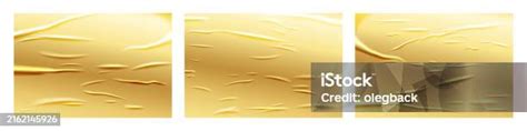 주름 골드 종이 시트 세트 접착 효과 배경입니다 벡터 현실적 구겨진 포스터 젖은 기름칠 주름 빈 템플릿 질감입니다 창의적인 디자인을 위한 빈 광고 칼럼 모형 개체 그룹에