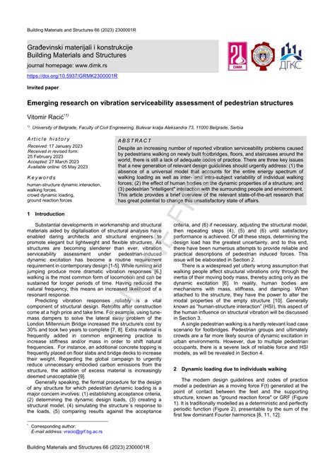 Pdf Emerging Research On Vibration Serviceability Assessment Of Pedestrian Structures