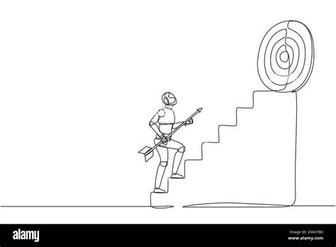 Single Continuous Line Drawing Robot Holding Arrow Running Up Stairway