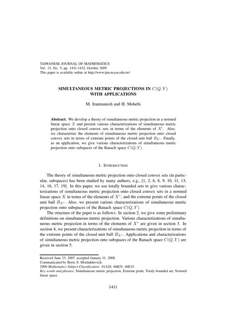 Pdf Simultaneous Metric Projections In Cq Y With Applications