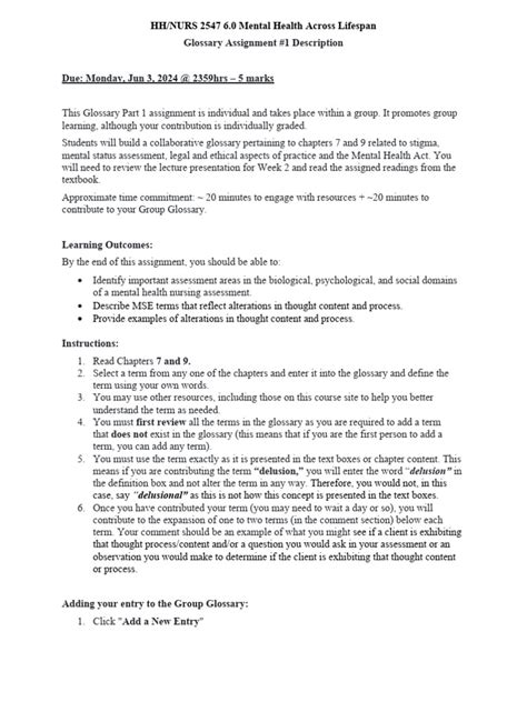 Glossary Assignment 1 Instructions Pdf Mental Health Behavior