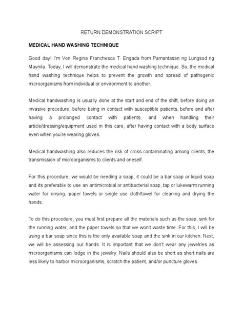 Return Demonstration Video Script Gloves And Hand Wash Pdf Hand Washing Glove