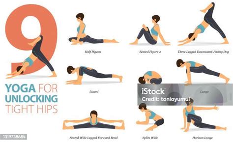 9 요가 포즈 또는 단단한 엉덩이 개념 잠금 해제에 대 한 요가에서 운동에 대 한 아사나 자세 여성 운동 몸 스트레칭 피트니스 인포그래픽 플랫 만화 벡터 요가에 대한 스톡