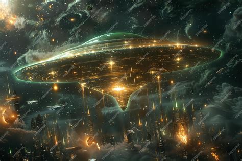 Premium Photo Majestic Alien Spaceship Descending Over Futuristic City