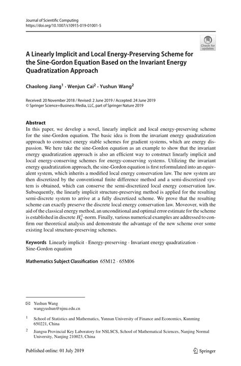 PDF A Linearly Implicit And Local Energy Preserving Scheme For The Sine Gordon Equation Based