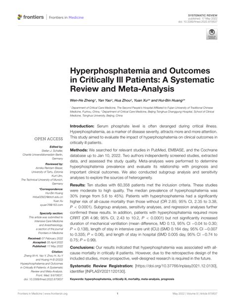 Pdf Hyperphosphatemia And Outcomes In Critically Ill Patients A