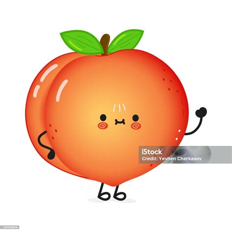 귀여운 재미있는 복숭아 흔들리는 손 캐릭터 벡터 손으로 그린 만화 카와이 캐릭터 일러스트 레이 션 아이콘 흰색 배경에 고립되어 있습니다 복숭아 캐릭터 개념 만화에 대한 스톡