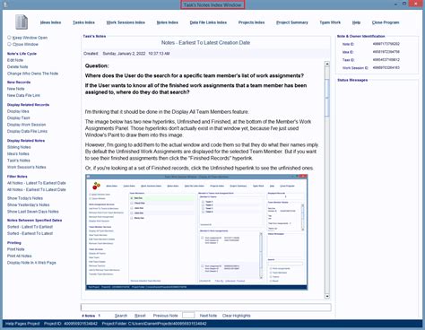 Using The Tasks Notes Index Window