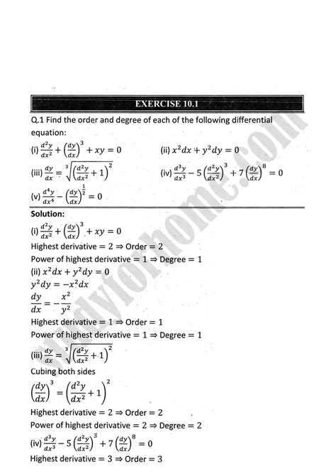 Exercise 10 1 Differential Equations Mathematics 12th