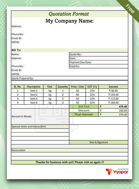 Quotation Template Excel
