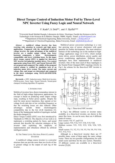Pdf Direct Torque Control Of Induction Motor Fed By Three Level Npc Inverter Using Fuzzy Logic