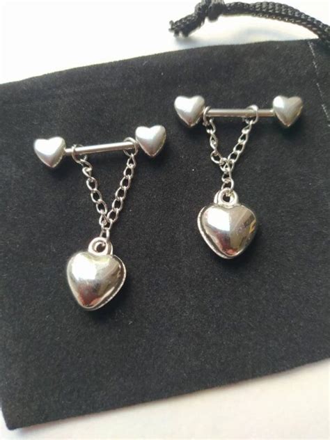 Silver Heart Nipple Bars Barbell With Dangle Chains And Heart