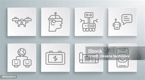 라인 인공 지능 스마트 안경 배터리 로봇 청사진 전화에서 로봇 끄기 봇 및 드론 아이콘을 설정합니다 벡터 Brand Name