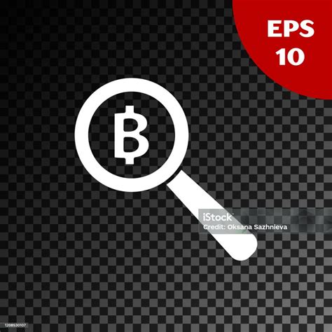 투명 한 어두운 배경에 격리 된 비트 코인 아이콘 흰색 돋보기 물리적 비트 코인 블록 체인 기반의 보안 암호 통화 벡터 일러스트레이션 개념에 대한 스톡 벡터 아트 및 기타