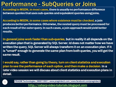 Sql Server Net And C Video Tutorial Part 62 What To Choose For Performance Subqueries Or