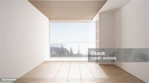 빈 방 인테리어 디자인 흰색 벽과 쪽모이 세공 마루 나무 바닥이있는 열린 공간 큰 파노라마 창 현대 현대 건축 아침 조명 복사