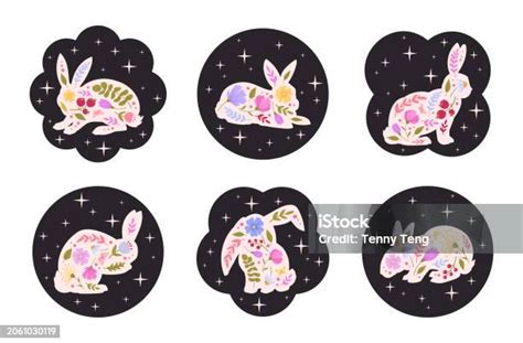 토끼 실루엣입니다 봄 꽃 귀여운 부활절 토끼 장식 우표 평면 벡터 일러스트 레이 션 세트와 부활절 토끼 봄 방학 토끼 라벨