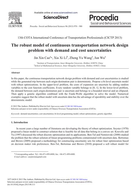 Pdf The Robust Model Of Continuous Transportation Network Design Problem With Demand And Cost