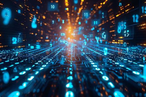Digital Data And Binary Code On Dark Background Futuristic Technology Concept With Glowing Blue