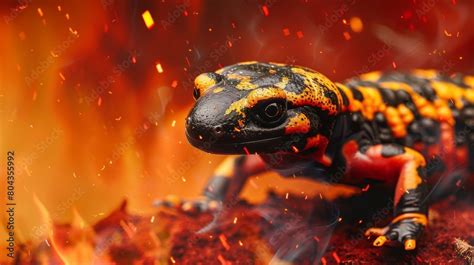 Fire Salamander In A Natural Pose Surrounded By Small Flames On A