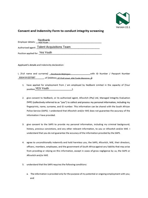 Nedbank Indemnity Form 2025 Pdf Identity Document Indemnity