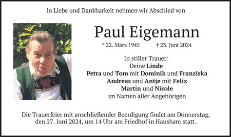 Traueranzeigen Von Paul Eigemann Trauer Merkur De